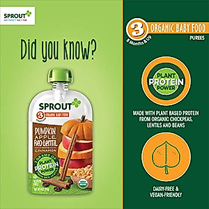 Sprout Organic Baby Food Pouches Stage 3 Plant Powered Protein, Pumpkin Apple Red Lentil w/ Cinnamon, 4 Oz (Pack of 12)
