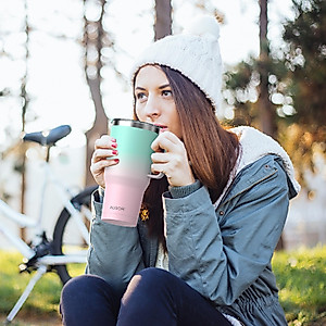 AUSOR 30 oz Tumbler with Lid and Straw,Water Bottle with Handle,Insulated Stainless Steel Tumbler for Hot & Cold, Coffee Travel Mug Cups Reusable,Blue to Pink