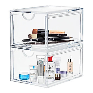 Stackable Cosmetic Organizer Storage Drawers, Set of 2 Acrylic Makeup Storage Organizer, Clear Storage Bins for Bathroom Vanity Countertop Bedroom Dresser Kitchen Cabinet Undersink and Pantry