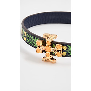 Tory Burch Women's Roxanne Leather Bracelet, Rolled Brass/Green Multi, One Size