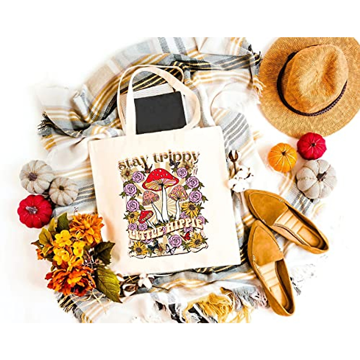 GXVUIS Stay Trippy Little Hippie Canvas Tote Bag for Women Aesthetic Flowers Mushrooms Boho Reusable Grocery Shoulder Bags White