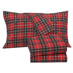 RUVANTI Flannel Sheets Queen Size - 100% Cotton Brushed Flannel Bed Sheet Sets - Deep Pockets 16 Inches (fits up to 18") - All Seasons Breathable & Super Soft - Warm & Cozy - 4 Pcs - Red Plaid