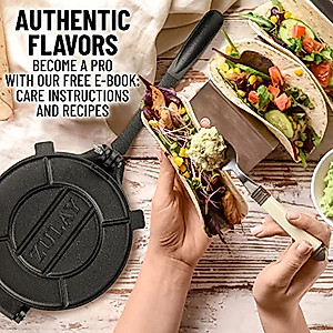 Zulay Cast Iron Tortilla Press 8 Inch - Pre Seasoned with 100 Pieces Parchment Paper - Heavy Duty Roti Maker and Flour Tortilla Press for Quesadilla, Naan, Chapati, Samosa, Poori, Saj Bread, Lahmacun
