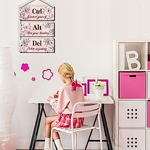 3 Pieces Pink Wall Decor for Girl Room Wall Decor Floral Wooden Wall Hanging Wall Art Inspirational Office Wall Decor with Positive Quotes Ctrl Alt Del Wall Sign for Girl Women Bedroom Bathroom(Pink)