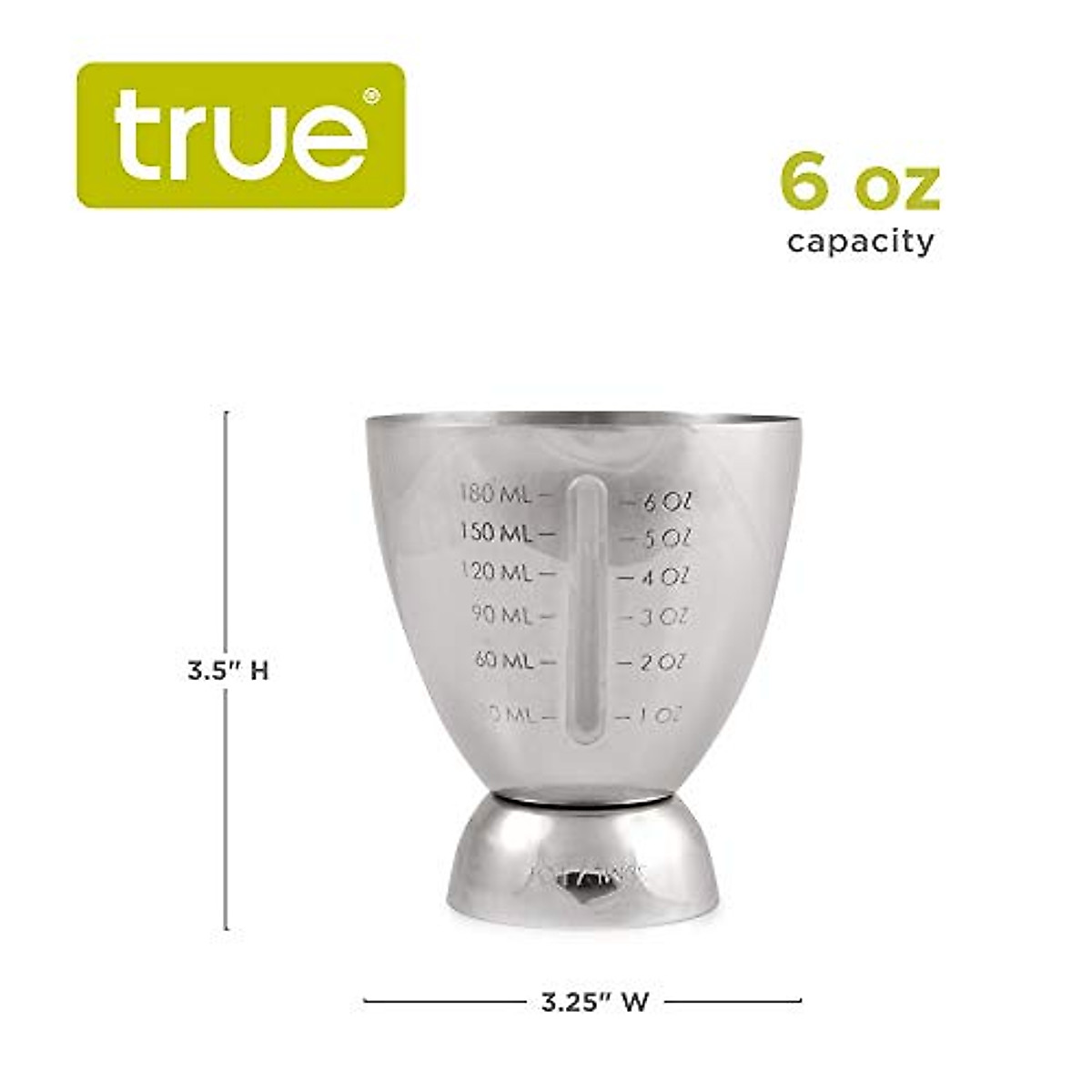 True Vista Double Jigger for Bartending, 6 Ounce Measuring Cup & 1 Ounce Cocktail Jigger Base, Stainless Steel Silver Polish Alcohol Measuring Tools & Barware Essentials, Set of 1, Silver