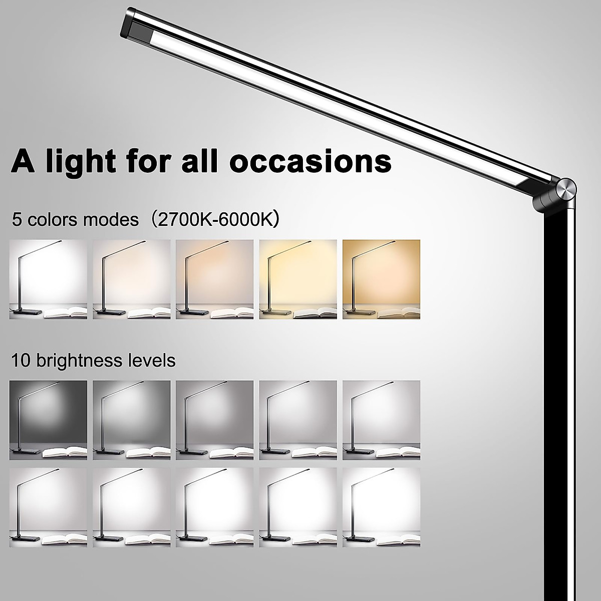 AFROG Multifunctional LED Desk Lamp with 10W Fast Wireless Charger, USB Charging Port, 5 Lighting Modes,7 Brightness Levels, 40 min Timer, Night Light Function,Eye-Caring Office Lamp, 5000K,8W,Black