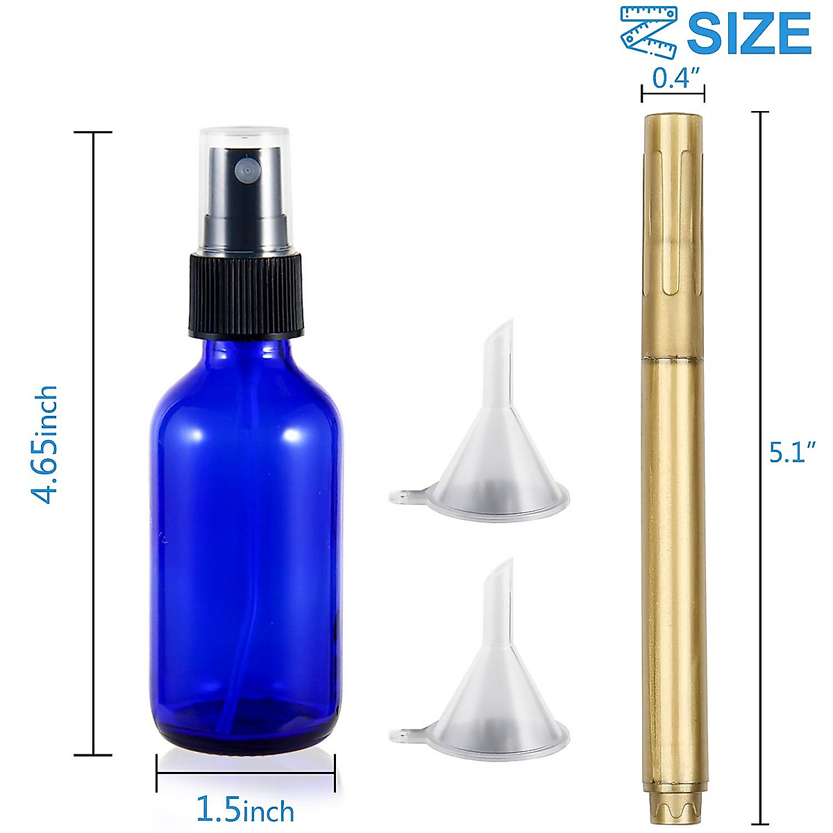 Ruckae 2 oz Glass Spray Bottles-18 Piece Set - With Funnel and Gold Glass Pen,Black Fine Mist Sprayers (Blue)