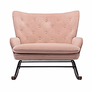 HomVent Velvet Nursery Rocking Chair Modern Upholstered Double Rocker Armchair with Tufted High Backrest Relax Rocking Loveseat Chair Accent Glider Rocker for Living Room, Bedroom, Baby Room, Pink