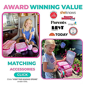kinsho Bento Lunch Box with Insulated Bag and Water Bottle Set for Kids Toddlers, 4 Portion Sections, Removable Tray, Pre-School Girl Toddler Daycare Lunches, Snack Container, Pink Unicorn