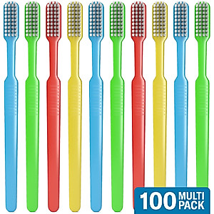 Blasting Health Bulk Disposable Soft Bristles Toothbrushes, Individually Wrapped, Assorted Colors, 39 Tufts - 100 Pack (Pre-Pasted)