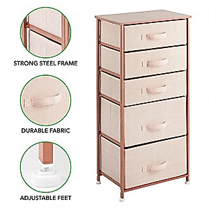 mDesign Storage Dresser Furniture Unit - Tall Standing Organizer Tower for Bedroom, Office, Living Room, and Closet - 5 Drawer Removable Fabric Bins - Light Pink/Rose Gold
