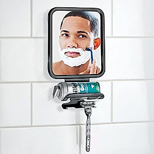 mDesign Large Modern Metal Suction Shaving Mirror Center for Bathroom Showers and Tubs - Holders for Shaving Cream and Razors - Matte Black