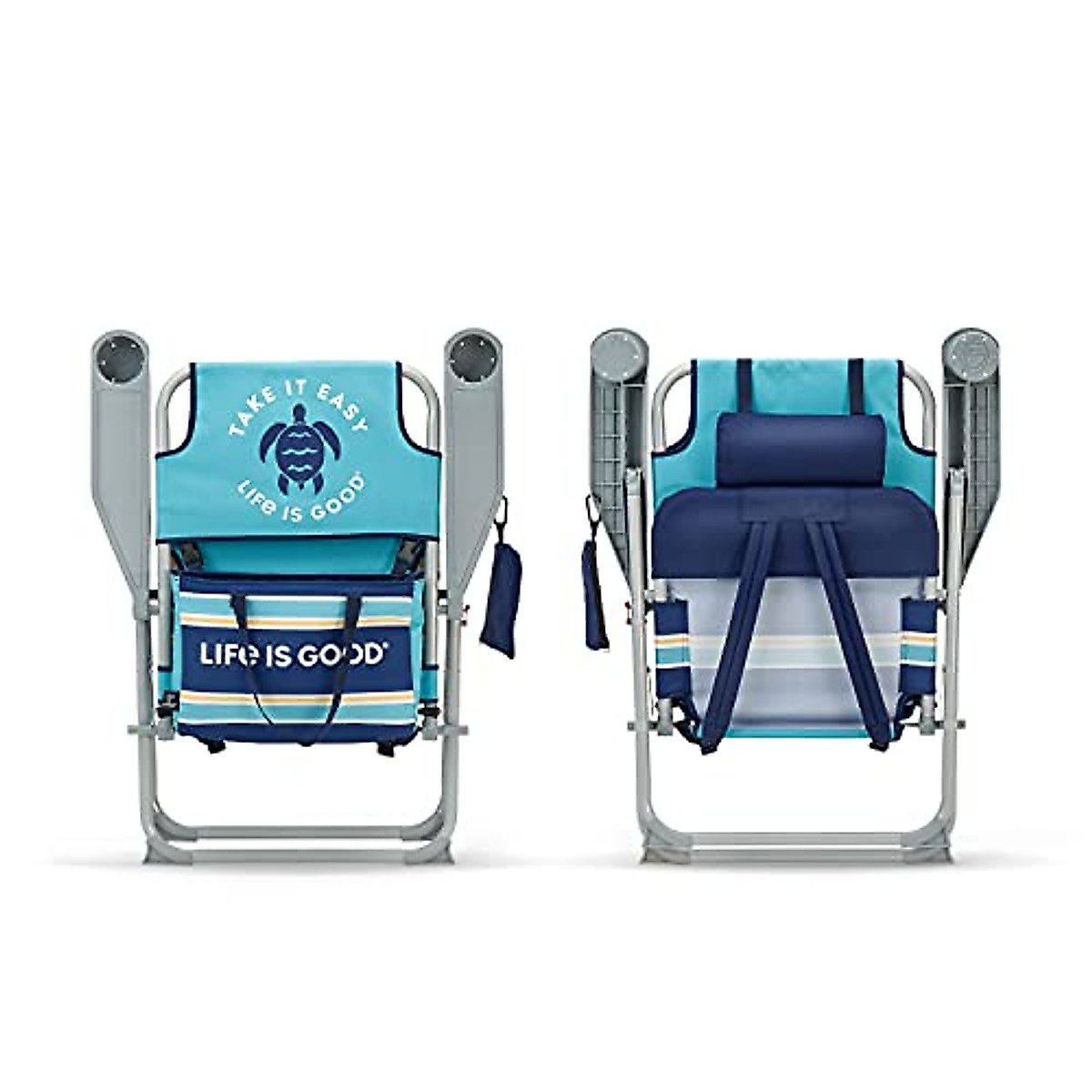 Life is Good Backpack Lawn Chair, Silver Frame (Set of 2) (Blue Turtle + Blue Turtle)