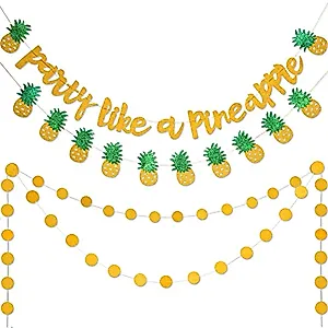 6 Pieces Pineapple Banner Party Like A Pineapple Decoration Circle Dots Garland Gold Glitter Bunting Garland for Hawaiian Luau Tropical Theme Party Supplies