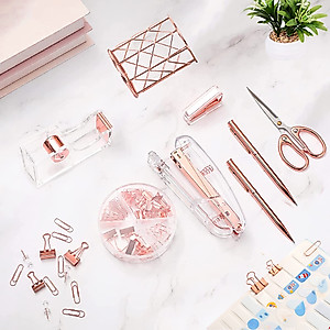 Famassi Rose Gold Desk Accessories，Office Supplies Set Acrylic Stapler Set Staple Remover, Tape Holder, Pen Holder, 2 Ballpoint Pen, Scissor, Binder Clips, Paper Clips and 1000pcs Staples.