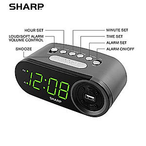 SHARP Digital Easy to Read Alarm Clock with 2 AMP High-Speed USB Charging Power Port - Charge Your Phone, Tablet with a high Speed Charge! Simple, Easy to Use Operation, Black – Green LEDs