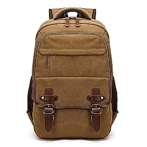 VAZUOOL Canvas Laptop Backpack, Vintage Daypack for Men Women, Brown Travel Rucksack Backpack College Bookbag Work Computer Bag Fits 15.6 Inch Laptop, Brown