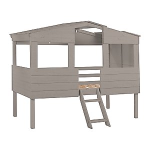 Naomi Home Susie Full Size House Bed for Kids - Cabana Style Solid Pine Wood Bed with Front Windows & Roof, Full Size Loft Bed for Kids with Guard Rails, Perfect for Girls/Boys, Light Gray