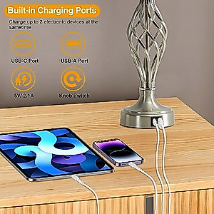 Table Lamp for Bedroom Set of 2 with USB C+A Ports, Brushed Nickel Bedside Lamps with Spiral Cage Base, Fabric Shade, Nightstand Lamp for Living Room Office Reading Bed Side End Table, Bulbs Included
