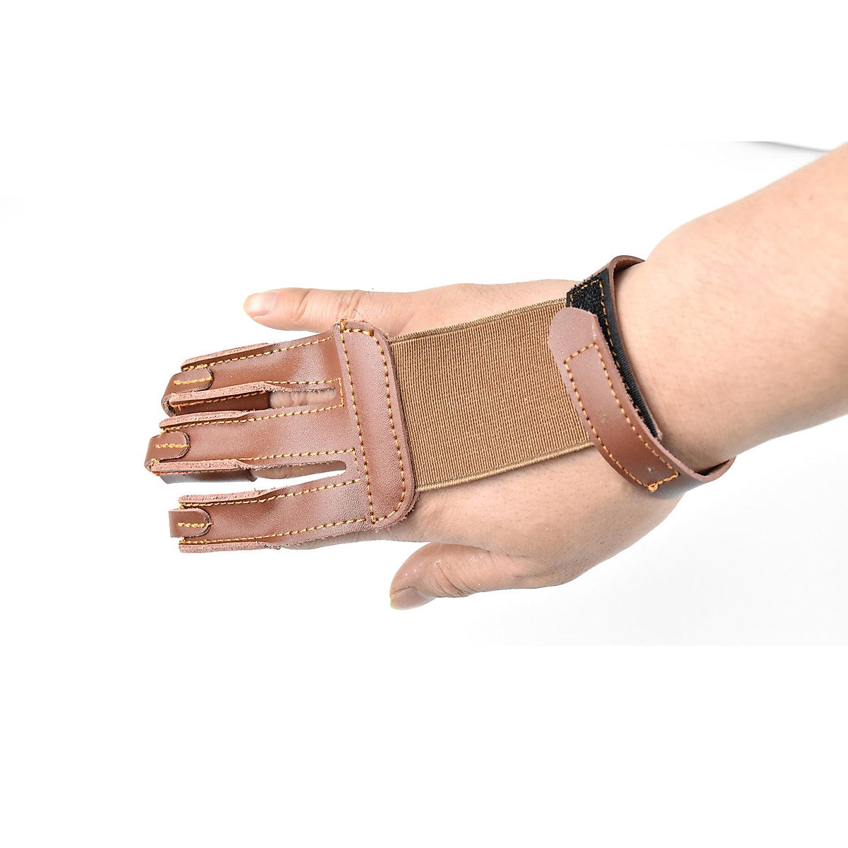 Windfulogo Leather Archery Hand Glove Finger Tab Hand Guard Protector Long Bow for Right Hand 3 Fingers Brown