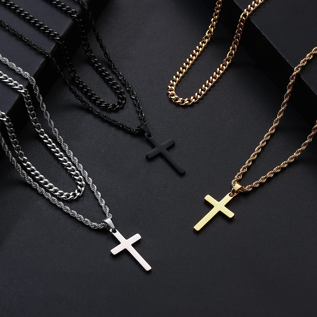 Yooblue Cross Necklace for Men, Mens Chain Necklaces, Cross Chain for Men, Silver Stainless Steel Layered Rope Chain Cuban Link Chain for Men, Mens Jewelry Gifts