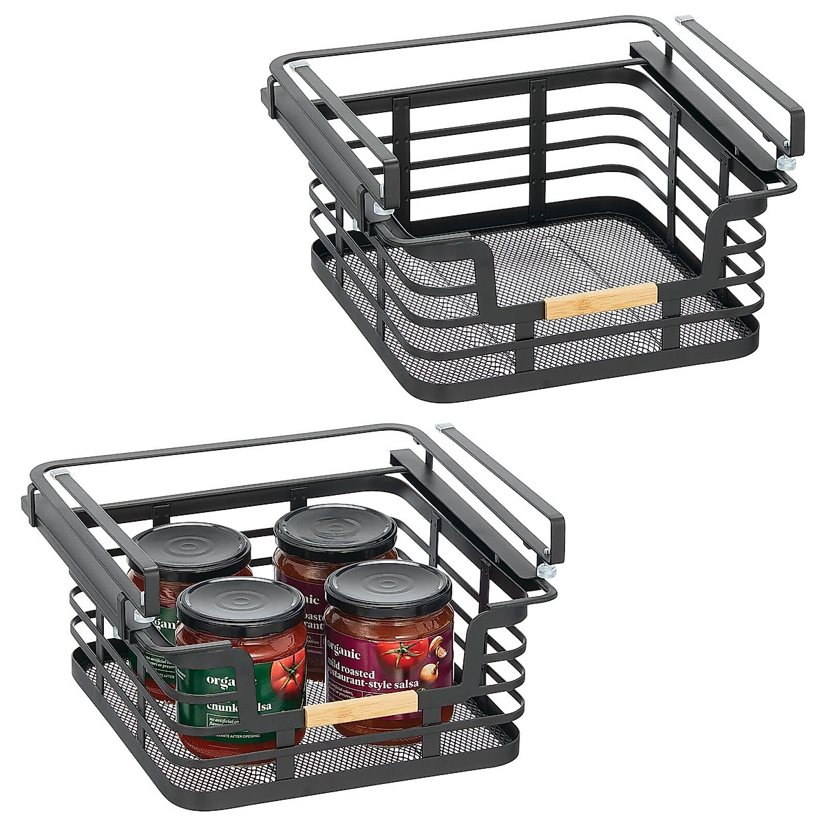mDesign Metal Wire Under Shelf Storage Baskets for Kitchen Pantry, Closet, Hanging Pull Out Shelving Bin, Sliding Hanger Racks for Bread, Canned Goods, Condiments, Food, 2 Pack, Matte Black/Natural
