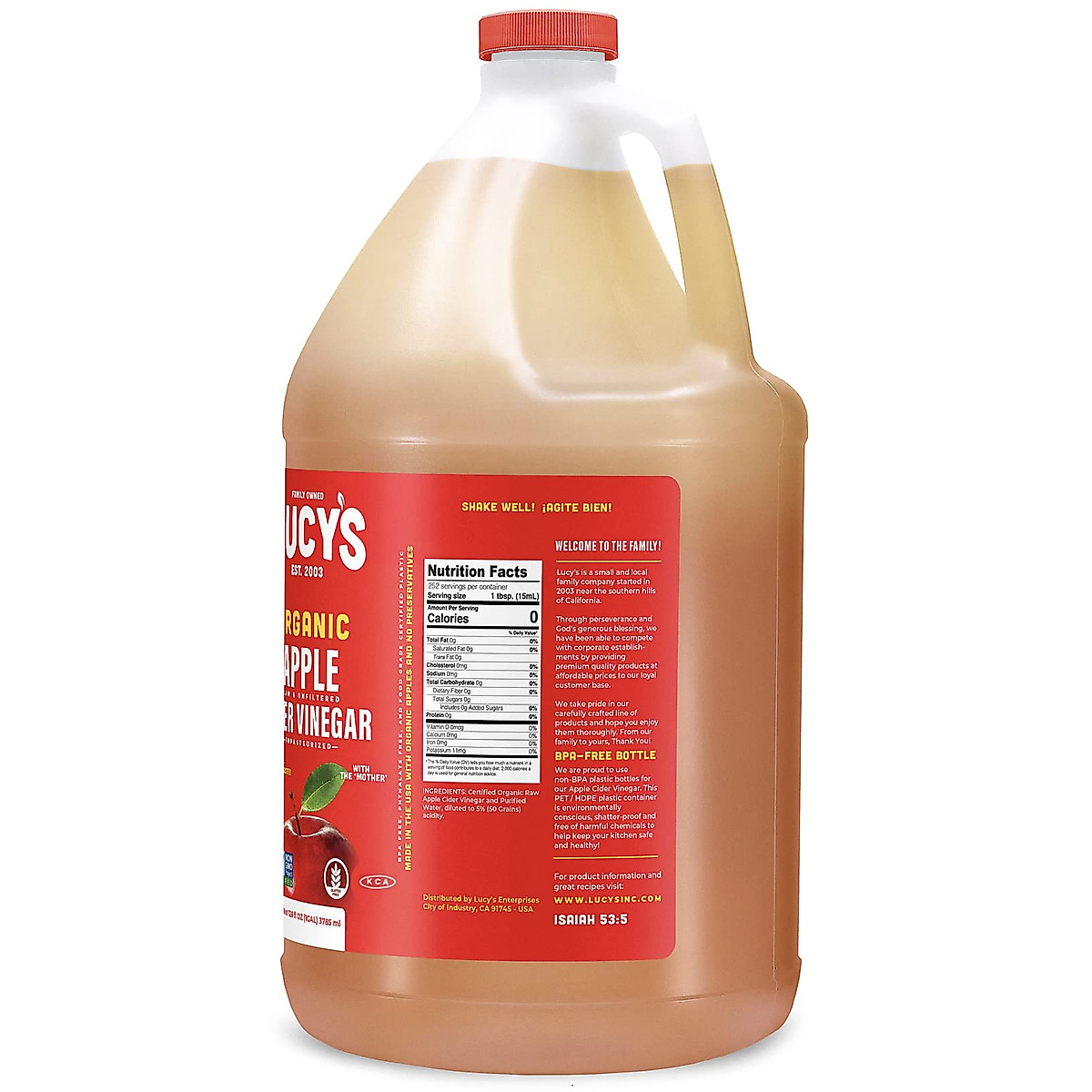 Lucy's Family Owned - USDA Organic NonGMO Raw Apple Cider Vinegar, Unfiltered, Unpasteurized, With the Mother, (Gallon)