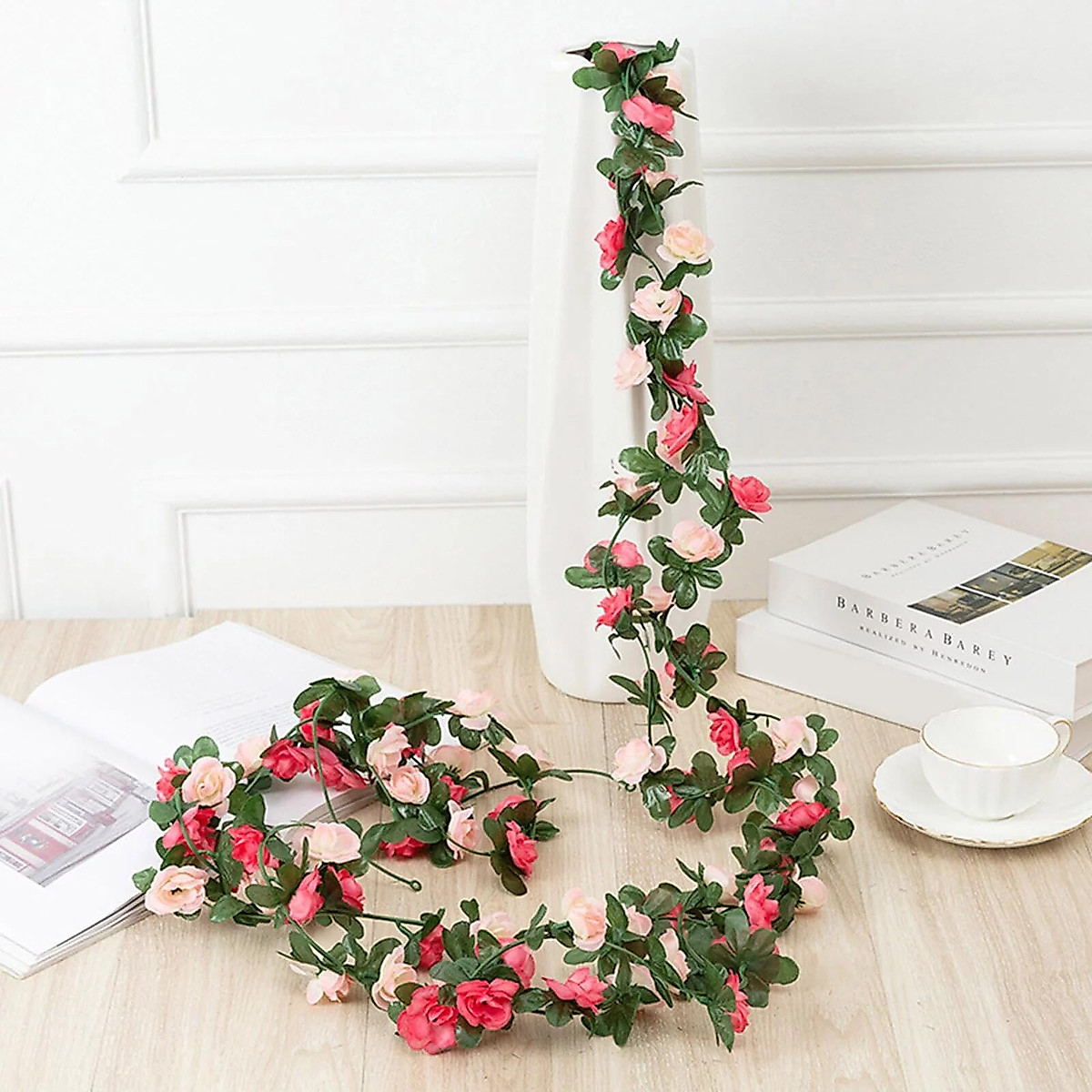 BLEUM CADE 2Pcs 16.4Ft Flower Garland Artificial Rose Vines for Bedroom, Cute Fake Hanging Flower Vines Floral Garland Decorations for Wedding Party Wall Room Decor Aesthetic