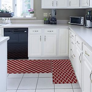 Prime Leader 2 Piece Non-Slip Kitchen Mat Rug Rubber Backing Doormat Set Classic Moroccan Trellis Geometric Lattice Red and White Kitchen Rugs Comfort Standing Mat PVC Leather Anti Fatigue Floor Mat
