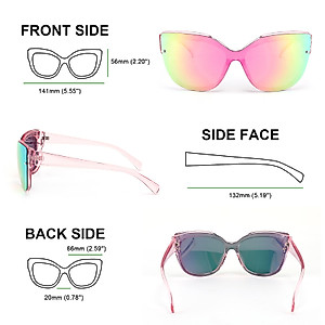 FEISEDY Cat Eye Sunglasses Polarized for Women Men，Rimless Mirrored Sunglasses, Oversized, Trendy Retro Sun Glasses B2796 Transparent Pink/Pink Mirror