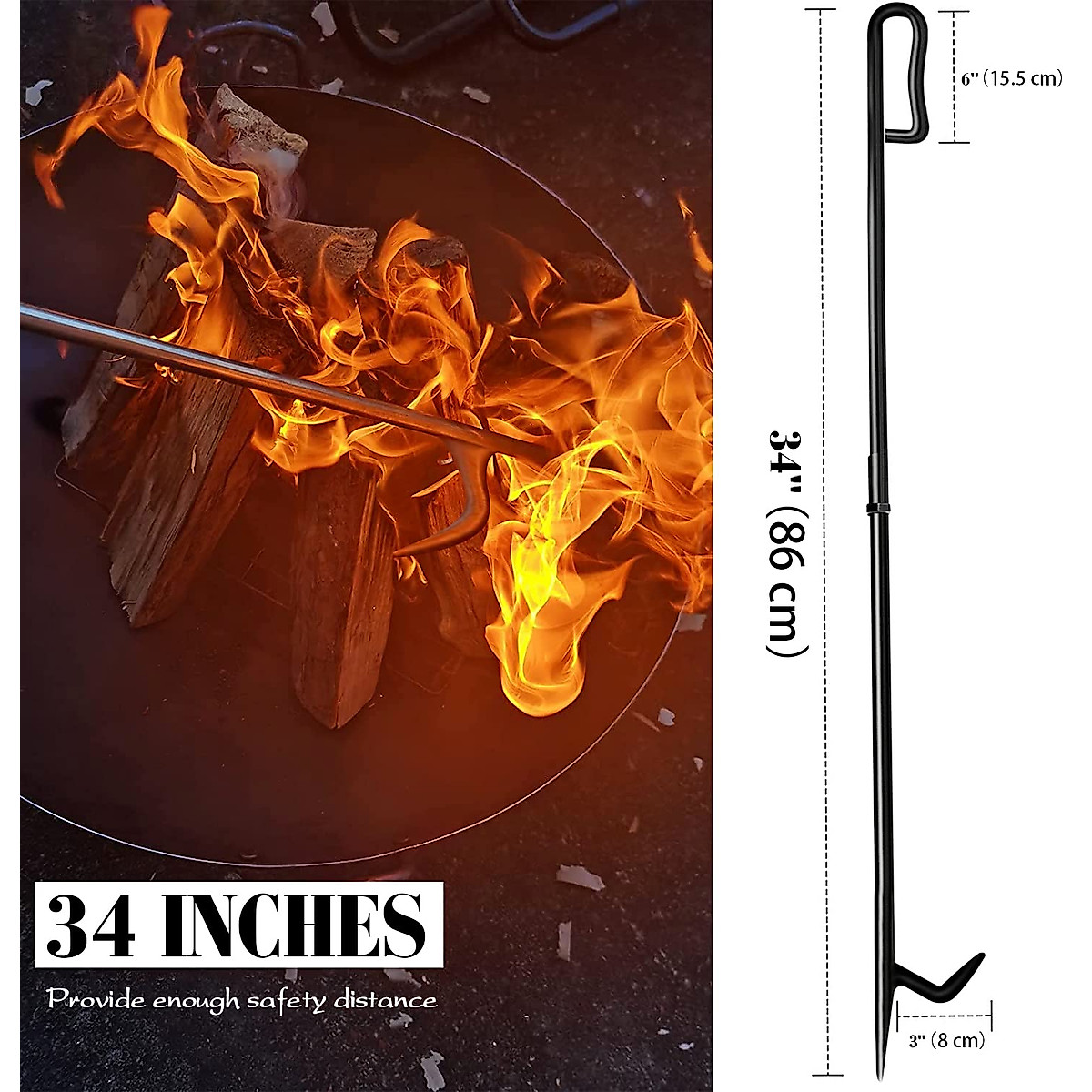 Heavy Duty Fire Poker, 34 Inch Long Fire Poker for Fireplace Fire Pit, 0.4 Inch Thick Solid Steel Campfire Poker, Removable Fire Pit Poker for Fireplace, Camping, Wood Stove, Outdoor and Indoor Use