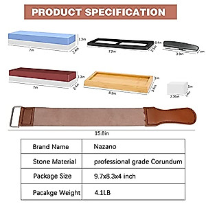 Nazano Knife Sharpening Stone Set - 8 Pieces Professional Whetstone Knife Sharpener Stone Set 4 Side Grit 400/1000 3000/8000, Knife Sharpening Kit with Bamboo Base, Flattening Stone, Leather Strop