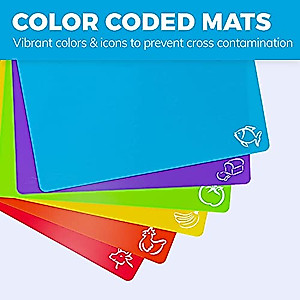Extra Thick Flexible Plastic Cutting Board Mats with Food Icons & EZ-Grip Waffle Back, (Set of 6) Dishwasher Safe