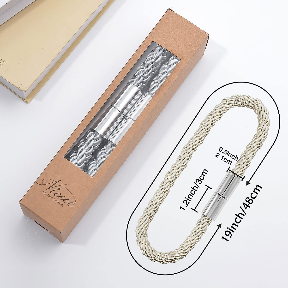 NICEEC 2 Pack Strong Magnetic Curtain Tiebacks Modern Simple Style Drape Tie Backs Convenient Decorative Weave Rope Curtain Holdbacks for Thin or Thick Home & Office Window Draperies (Beige)