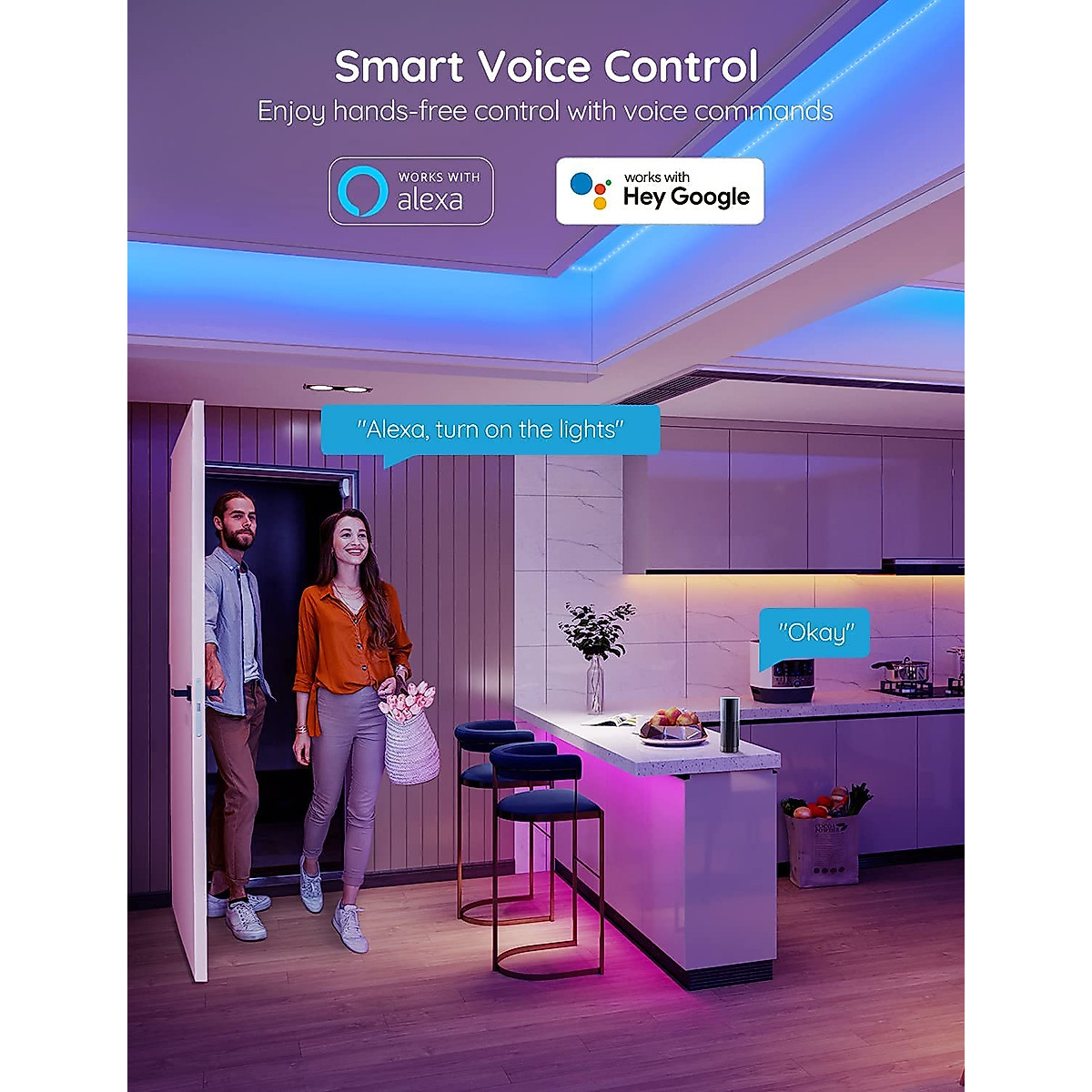 Govee LED Strip Lights, 65.6ft WiFi RGB Strip Lights Work with Alexa and Google Assistant, Smart App Control, 64 Scenes, Music Sync, DIY LED Lights for Bedroom, Kitchen, Party, Living Room, TV