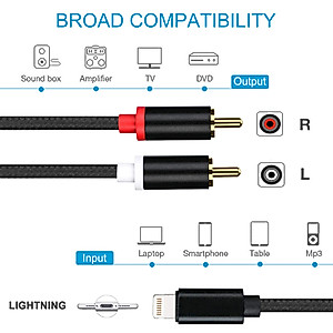 WORLDBOYU Lightning to RCA Cable Audio Aux Adapter, Stereo Y Splitter Adapter for Select iPhone, iPad and iPod Models for Power Amplifier, Car, Home Theater, Speaker and More Silver 6FT