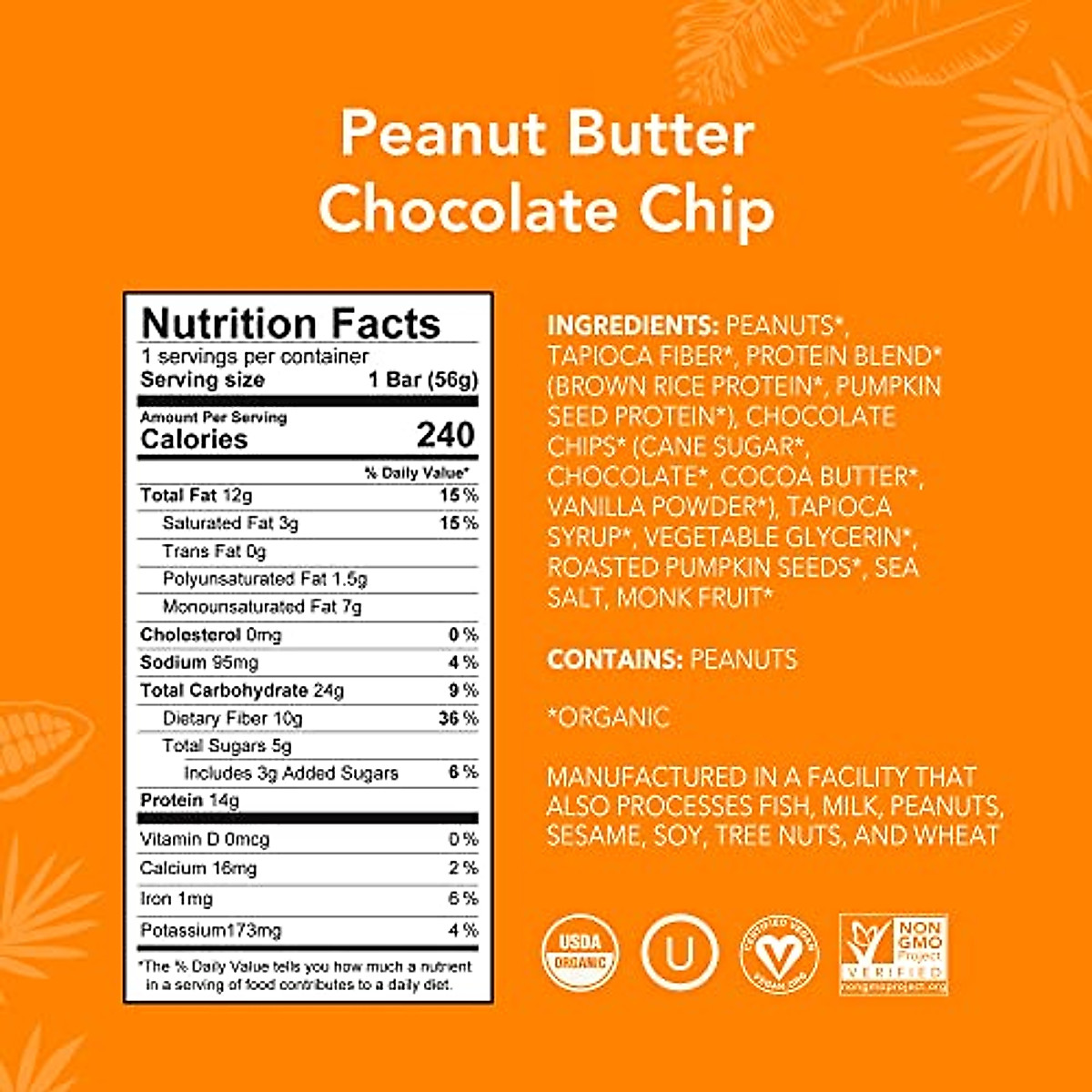 ALOHA Organic Plant Based Protein Bars |Peanut Butter Chocolate Chip | 12 Count, 1.98oz Bars | Vegan, Low Sugar, Gluten Free, Paleo, Low Carb, Non-GMO, Stevia Free, Soy Free, No Sugar Alcohols
