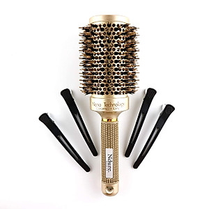 Ndure Beauty Round Hair Brush for Blow Drying, Single Brush with 4 Hair Clips Included, Ceramic & Ionic Tech Hair Brush with Boar Bristles, Round Barrel Brush for Styling, Curling and Straightening