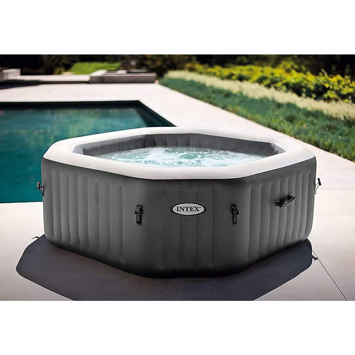 INTEX 28433EP PureSpa Bubble Deluxe Spa Set: Includes Energy Efficient Spa Cover – 120 Bubble Jets – Octagonal Design – 4 Person Capacity – 71" x 71" x 28"