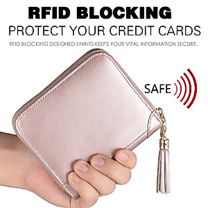 Easyoulife Womens Credit Card Holder Wallet Zip Leather Card Case RFID Blocking (Rose Gold)