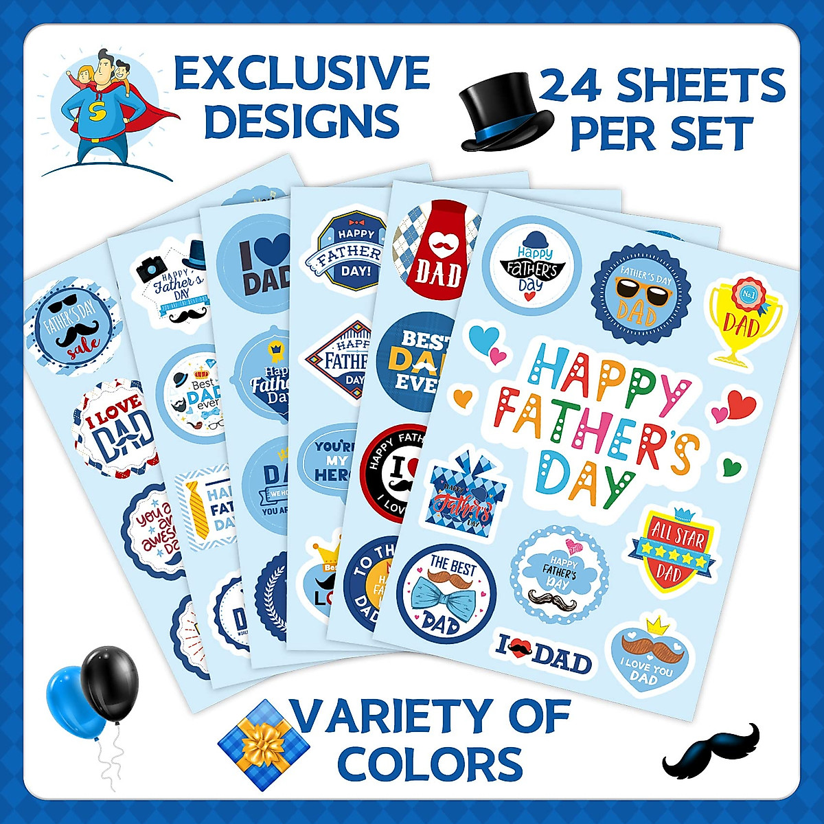 Joy Bang 296 Pcs Fathers Day Stickers for Kids, Best Dad Stickers Crafts, Feliz Dia de las Padres Stickers, Fathers Birthday Party Supplies Favors