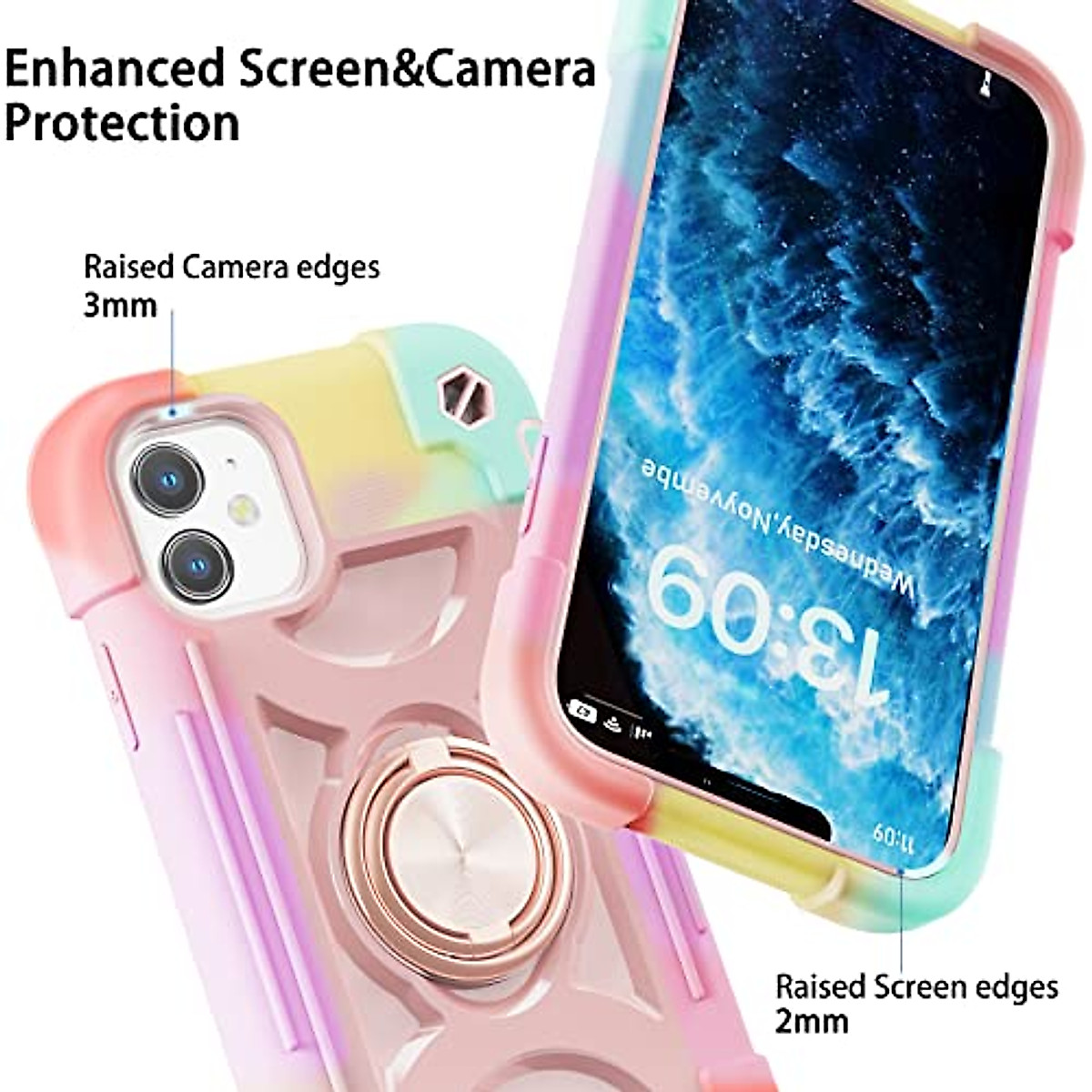 MARKILL Compatible with iPhone 11 Case 6.1 Inch with 360°Rotate Ring Stand, Military Grade Drop Protection Full Body Rugged Heavy Duty Case 3 in 1 Protective Cover (Rainbow Pink)