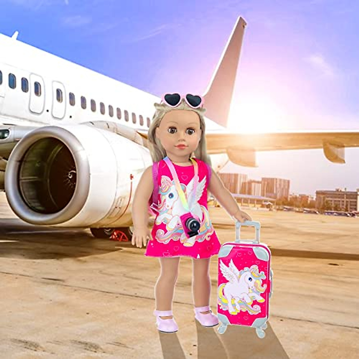 UNICORN ELEMENT 15Pcs 18 Inch Girl Doll Clothes and Accessories, Travel Suitcase with Unicorn Luggage Play Set Including Suitcase, Schoolbag, U-Shaped Pillow, Glasses, Camera, etc (Not Doll)