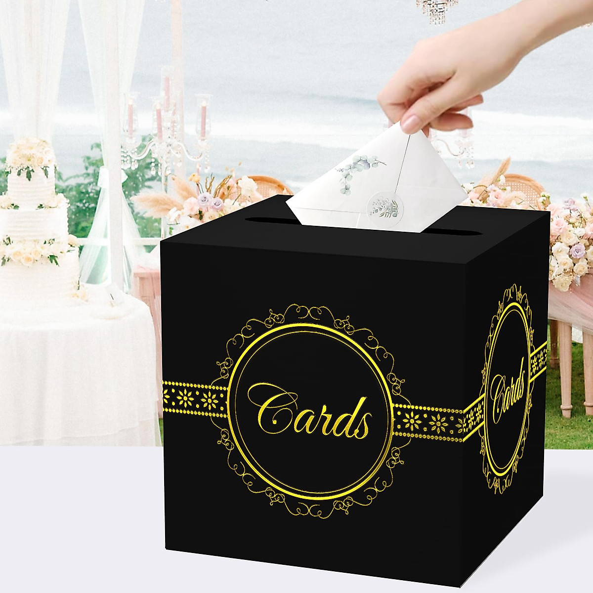 WNINK Black Card Box with Gold Foil Design, Gift Cards Receiving Box for Birthdays Party, Wedding Receptions, Bridal & Baby Showers, Graduations, Retirements, Anniversaries