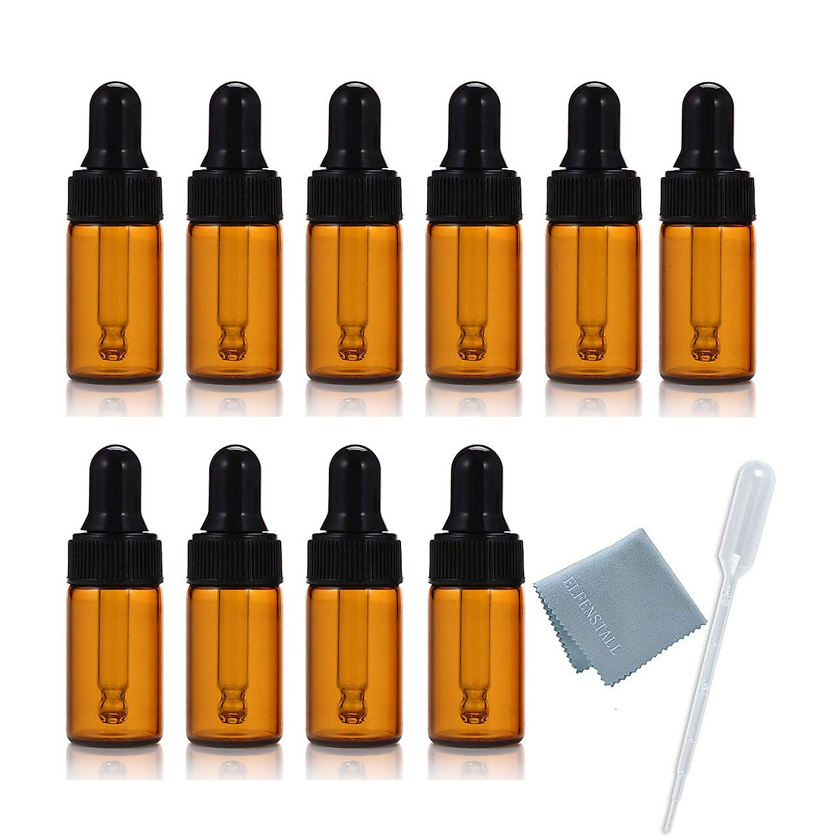 ELFENSTALL- 10pcs 10ml 1/3oz Amber Mini Glass Bottle Amber Sample Vial Small Essential Oil Bottle with Glass Eye Dropper Refillable Containers + 1pc Glass Clean Cloth + 1pc 3ml Dropper