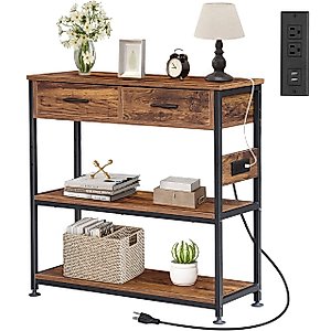 DANSION Console Table with 2 Drawers, Entryway Table with Outlets and USB Ports, Industrial 3 Tier Sofa Table Narrow Long with Storage Shelves for Living Room, 32 Inch
