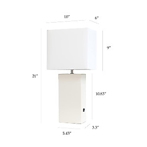 Elegant Designs LT1053-WHT Modern Leather Table Lamp with USB and White Fabric Shade, White