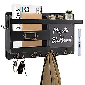 Kanmart Key Hooks for Wall Decorative: Retro Key Hanger with 4 Key Holders, Mail Organizer with Mail Slot, Side Hooks, Magnetic Blackboard & Marker, Black, KM-H01