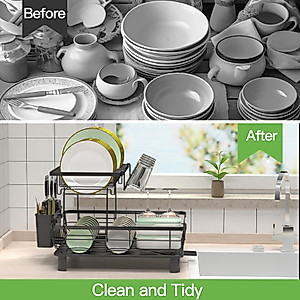 ORZ Dish Drying Rack, Dish Racks for Kitchen Counter, Black Metal Dish Drainer, Compact Dish Drying Rack with Drainboard, Kitchen Drying Rack for Dishes (Black 2 Tier)