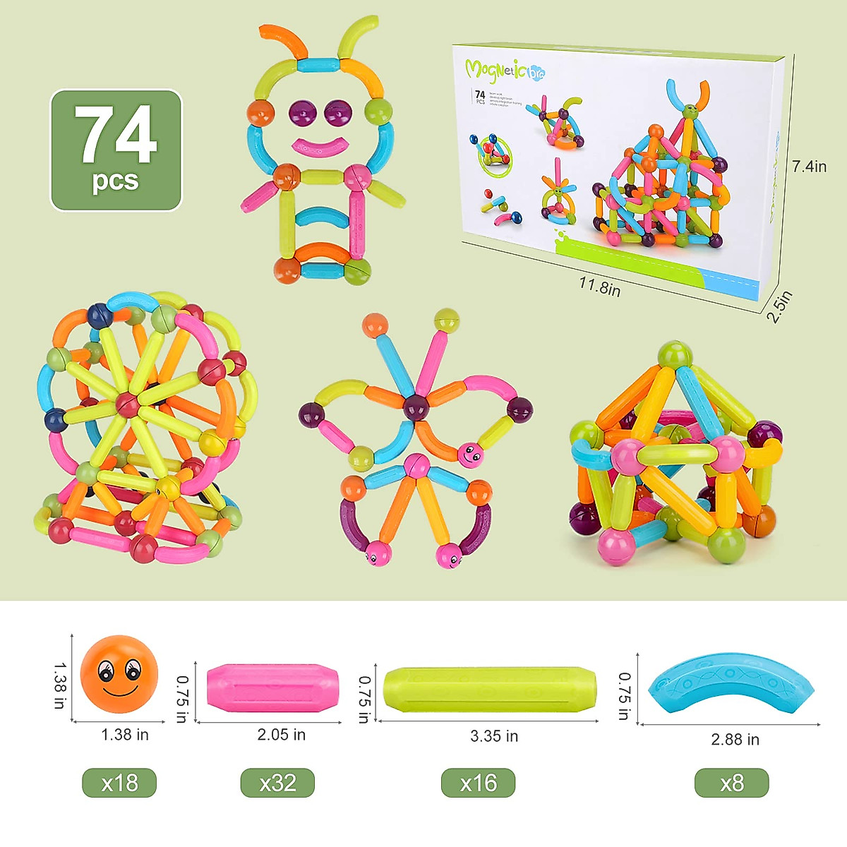 74 PCS Magnetic Balls and Rods Set,Magnetic Building Sticks Blocks Toys,Magnet Educational Toys STEM Toys for Kids,Learning Magnetic Toys for Boys Girls Age 3 4 5 6 7 8+ Years Old Gifts